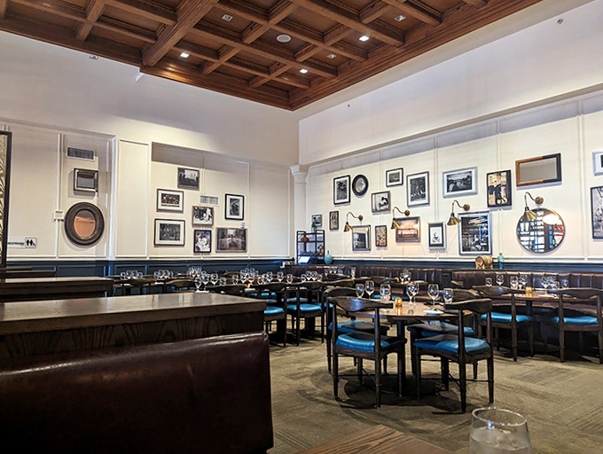 Interior: Where judges once presided, diners now feast under coffered wooden ceilings that whisper tales of Jacksonville's storied past.