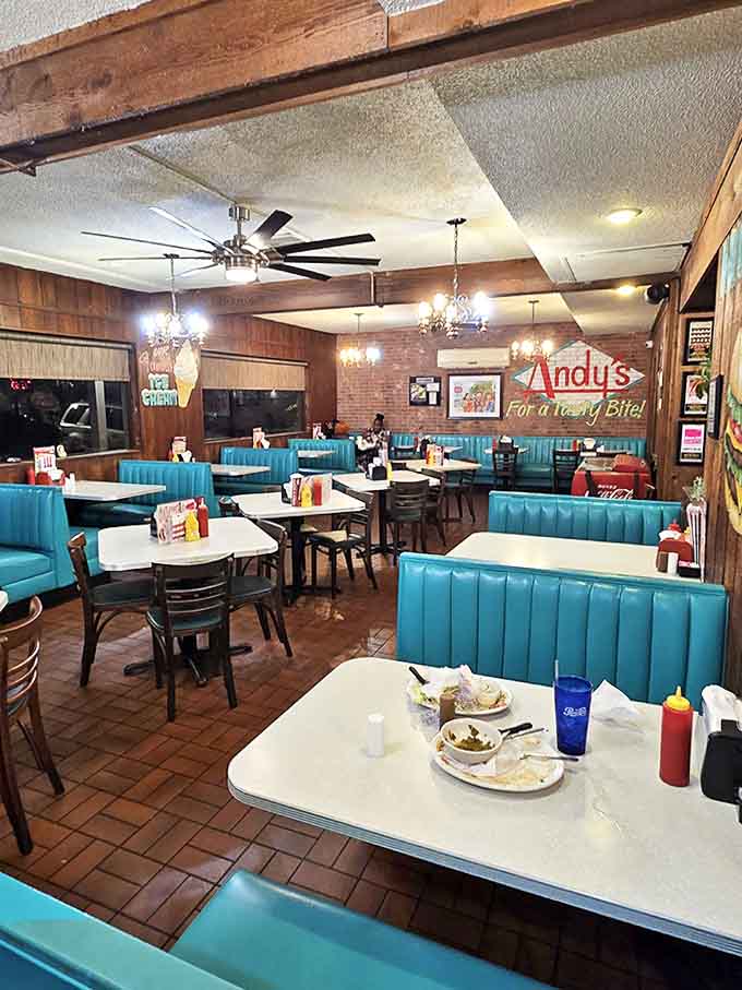 Step inside and travel back in time &ndash; turquoise booths, wood paneling, and chandeliers create a dining atmosphere that's like a warm hug from the 1950s.