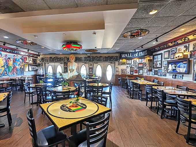 Step inside where vinyl records and vintage vibes create the perfect backdrop for serious sandwich consumption and rock appreciation.