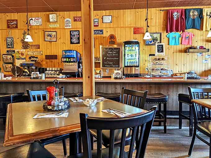 Wood-paneled walls adorned with local memorabilia create the perfect backdrop for morning conversations and coffee refills at this cozy Ely institution.
