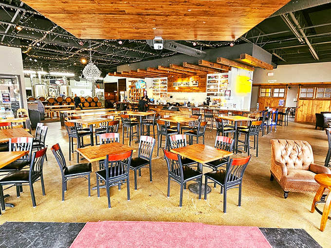 Wooden tables, twinkling lights, and that statement chandelier create the perfect backdrop for an afternoon of Belgian-inspired beer exploration.