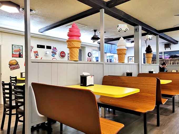 Step inside and you're transported to a retro diner wonderland complete with oversized ice cream cone decorations overhead.