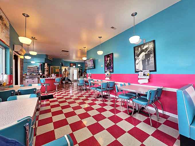 Step inside and the time machine activates &ndash; turquoise and pink walls embrace a checkerboard floor that practically begs your feet to do the twist.