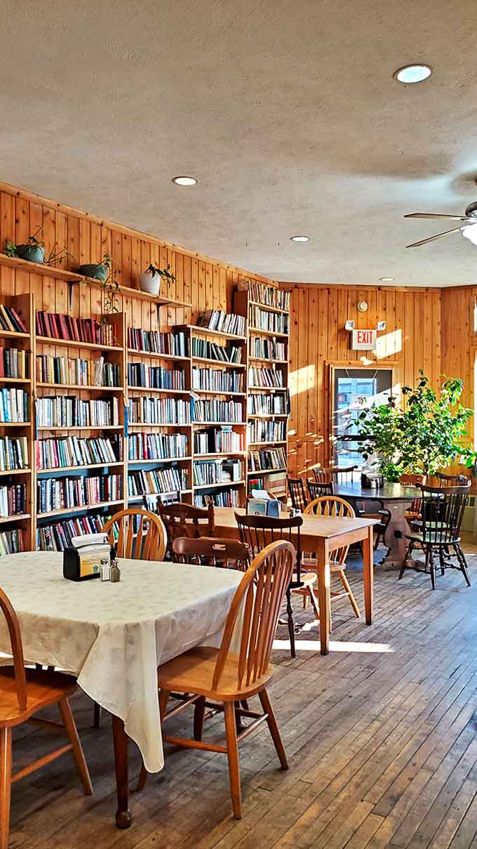 Interior: Warm pine paneling meets floor-to-ceiling bookshelves – like stepping into the coziest library-cabin hybrid imaginable. Literary heaven with seating.
