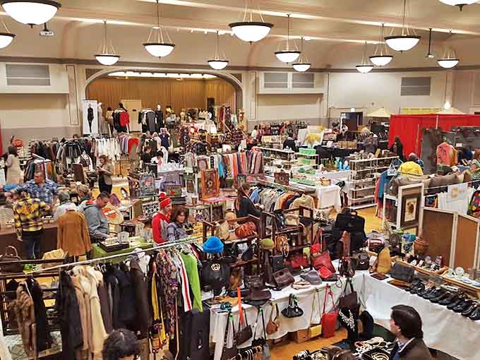 A bird's-eye view of the market floor reveals a maze of booths where hundreds of vendors display their carefully curated collections.