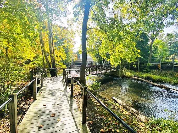 Riverwalk: A wooden boardwalk meanders alongside a gentle stream, offering a peaceful retreat where nature and small-town charm create perfect harmony.