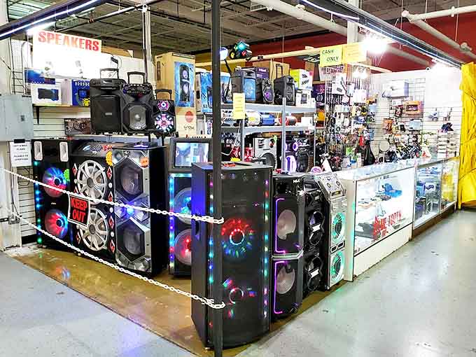Bass-thumping behemoths line this audio corner, where music lovers can find everything from party-ready systems to conversation-starting vintage speakers.