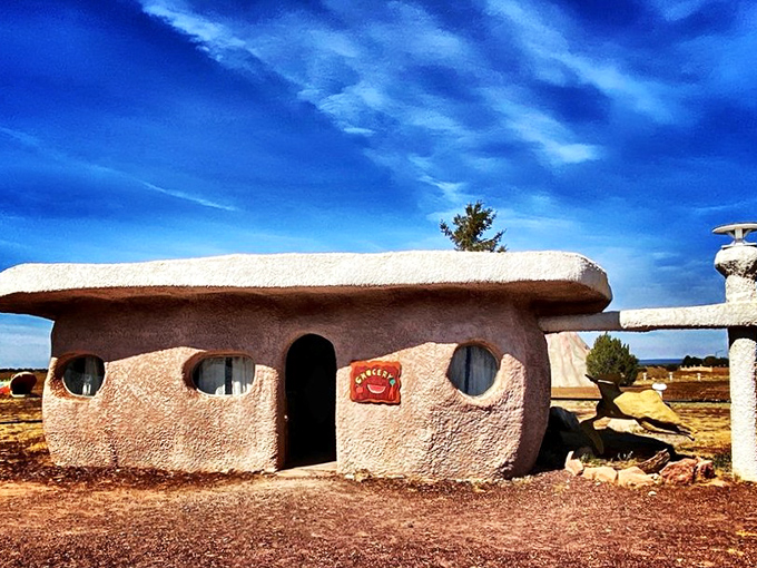 This Stone Age storefront looks like it was plucked straight from your Saturday morning cartoons, complete with prehistoric architectural details.