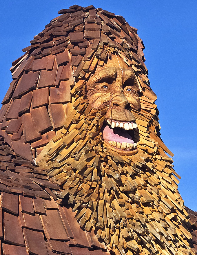 That face! Expressive eyes and a toothy grin bring personality to this massive wooden creation.
