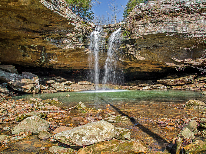 The Waterfall: This stunning double drop spills over a rugged cliff into a clear pool, perfect for a sunny day hike.