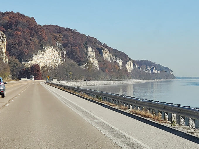 Towering limestone sentinels stand guard over the Mississippi, their white faces glowing in afternoon light like nature's own monument to geological patience.