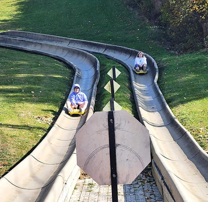 Racing down parallel concrete tracks, these riders discover the joy of controlled chaos on Chestnut Mountain's signature attraction.