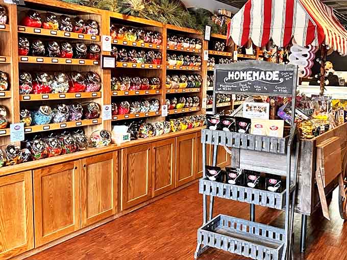 Wooden shelves lined with glass jars create an old-world pharmacy feel, except these "prescriptions" are purely for pleasure, not medicine.
