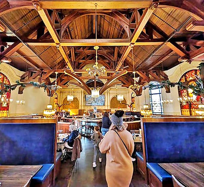 Wooden beams soar overhead while stained glass windows filter light onto diners below &ndash; eating in church never felt so right.