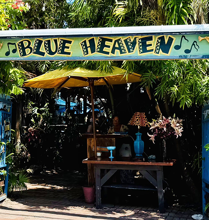 Blue Heaven's entrance beckons with tropical charm and artistic signage. Palm fronds frame this Key West institution known for roosters roaming freely among diners.
