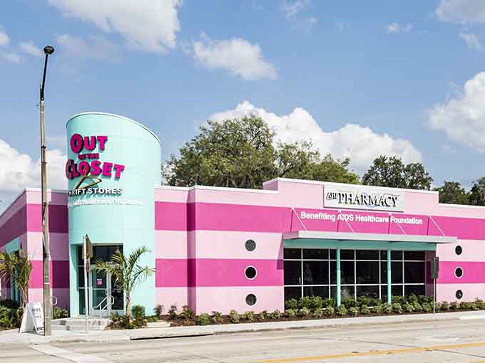 Out of the Closet's pink striped exterior is as bold and cheerful as the mission it supports.