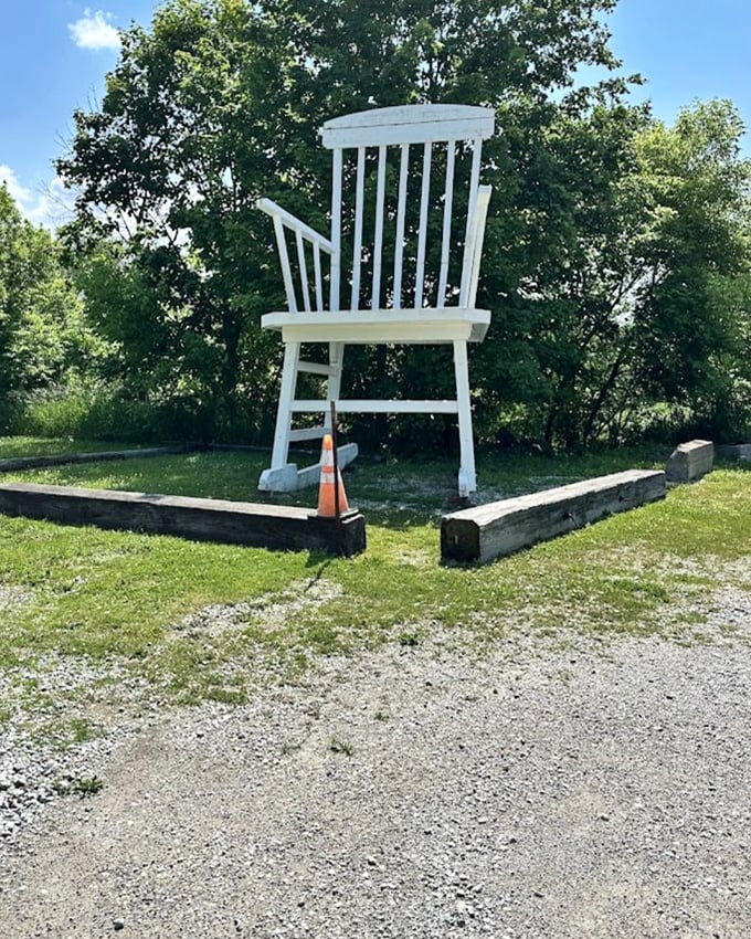 The world's problems might seem smaller when viewed from this enormous white rocking chair in Austinburg &ndash; a roadside wonder that makes adults feel like children again.