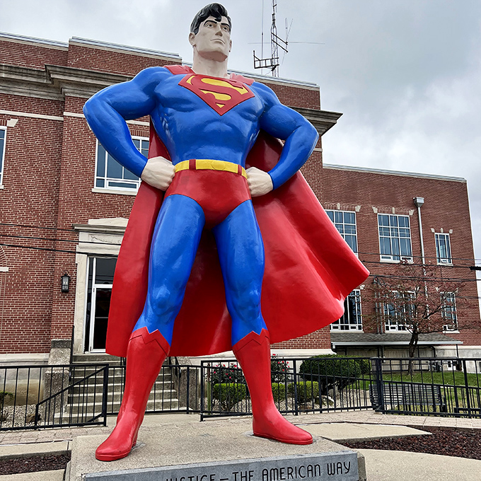 Up, up and away! Superman stands tall in his namesake town of Metropolis, striking his iconic pose while keeping watch over Illinois.
