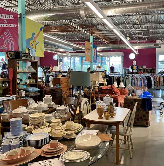 Rows of colorful merchandise create a shopping wonderland where every purchase helps others in need.