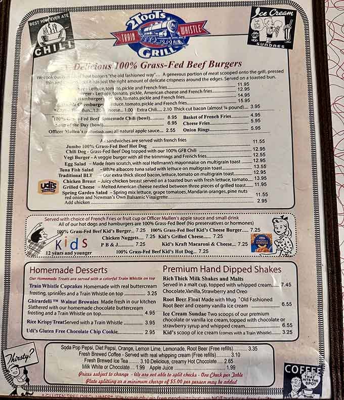 No need for a conductor's announcement – this menu speaks volumes with its lineup of grass-fed burgers, classic sandwiches, and hand-dipped shakes.