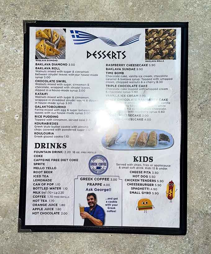 This menu offers everything from gyros to hot dogs, because even Greek restaurants understand kids can be picky eaters.