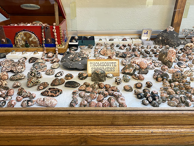 Thomsonite specimens showcase the rare zeolite mineral's distinctive eye patterns, prized by collectors who know where to look along Superior's shores.