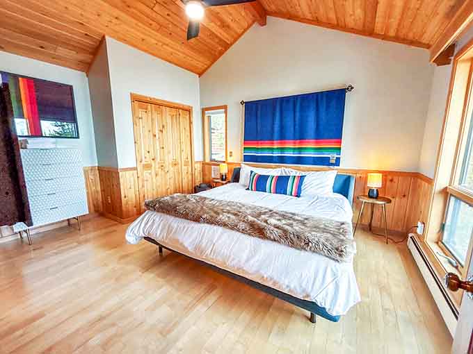 Sweet dreams guaranteed in this cozy bedroom where rustic charm meets modern comfort.