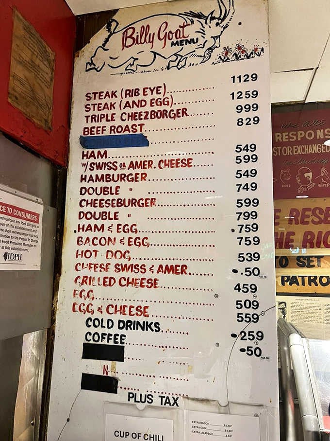 This menu board isn't just a list of food &ndash; it's a historical document showcasing the Billy Goat's commitment to straightforward, delicious simplicity.