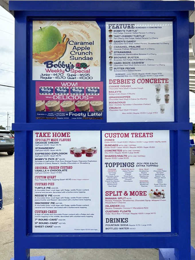 Bobby's menu board reads like a dessert lover's dream journal &ndash; concretes, sundaes, and specialties that make decision-making deliciously difficult.