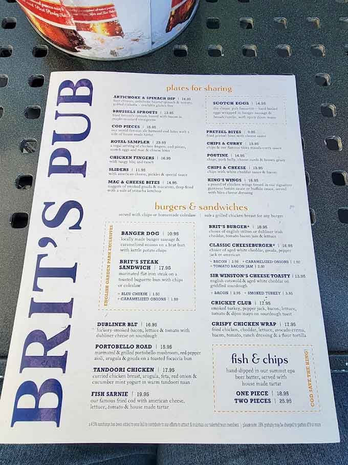 This menu reads like a love letter to British comfort food, featuring everything from fish and chips to proper pub sandwiches.