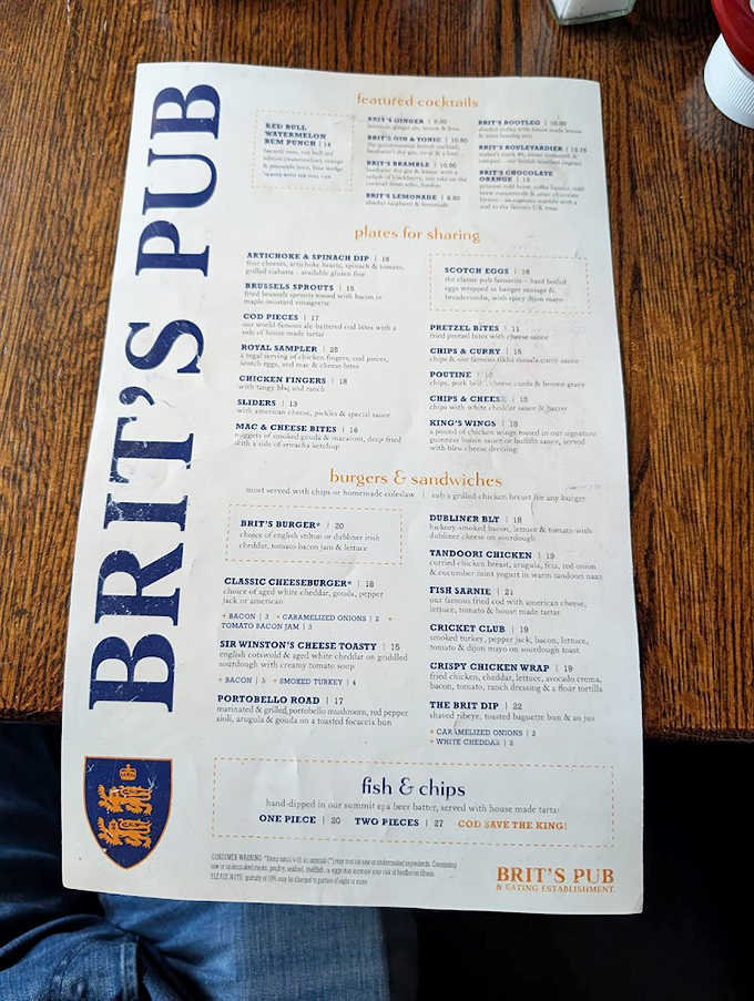 The extensive menu at Brit's Pub reads like a culinary tour of Britain, from classic pub fare to creative cocktails.