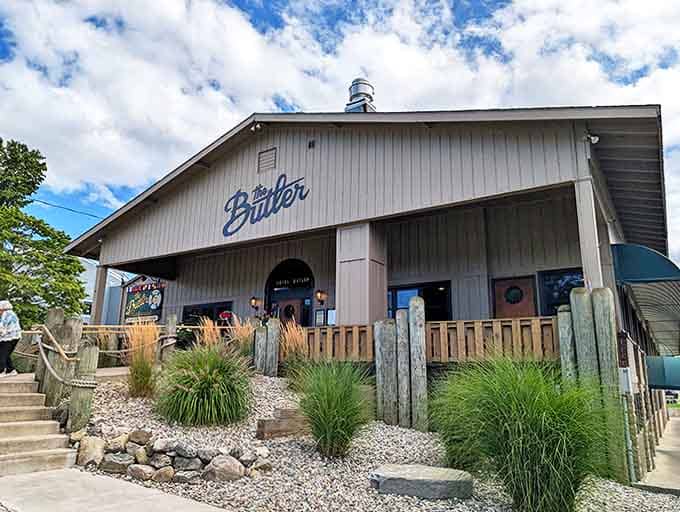 The Butler restaurant stands ready to serve, its weathered wood exterior promising maritime flavors and lakeside stories with every meal.