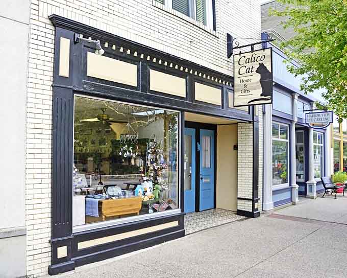 The Calico Cat's charming storefront showcases that classic small-town retail vibe where window shopping is actually enjoyable.