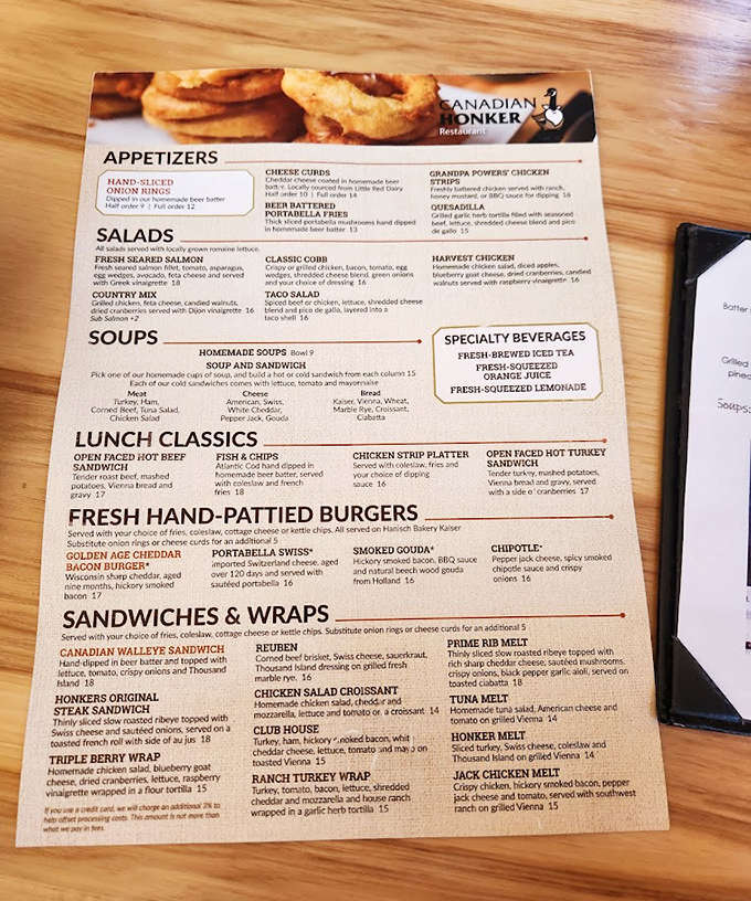 A menu that reads like a love letter to comfort food classics, featuring hand-pattied burgers, fresh salads, and their legendary walleye.