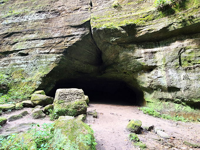 Nature's ancient architecture reveals itself in this moss-draped cave entrance, where sandstone tells stories millions of years in the making.