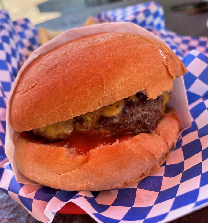 Behold the cheeseburger in its natural habitat: nestled in checkered paper like it's posing for its senior portrait, and honestly, it deserves the recognition.