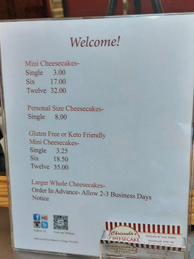The menu board tells a sweet story of options &ndash; from mini treats to personal-sized indulgences, with gluten-free and keto-friendly choices for everyone's delight.
