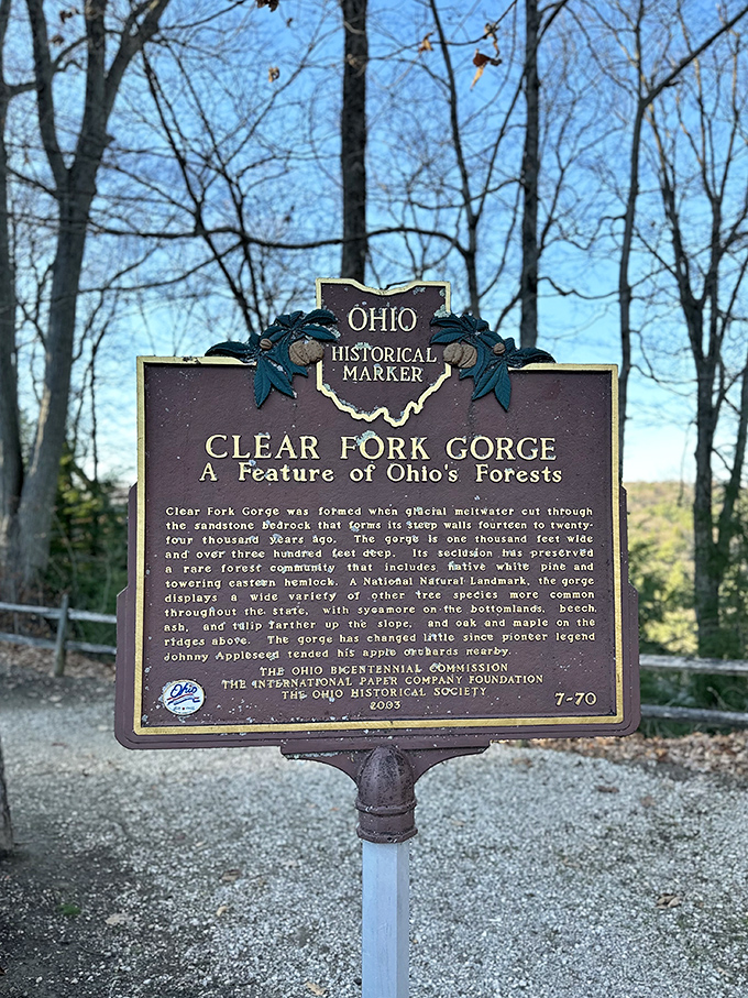 History carved in bronze: The Clear Fork Gorge marker tells the tale of glacial meltwater that sculpted this dramatic landscape. Mother Nature's renovation project took thousands of years!