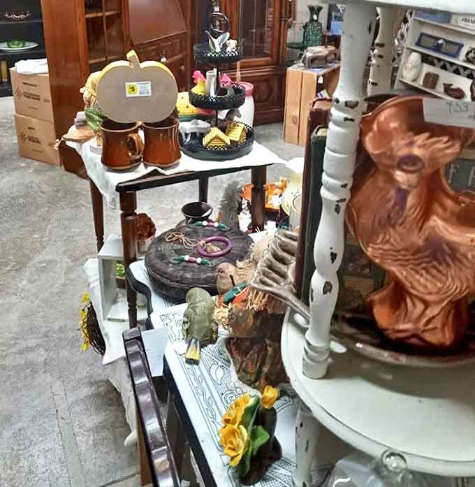 Vintage figurines and collectibles stand at attention, silently competing for the title of "Most Likely to Make Someone Exclaim 'My Grandmother Had That!'"