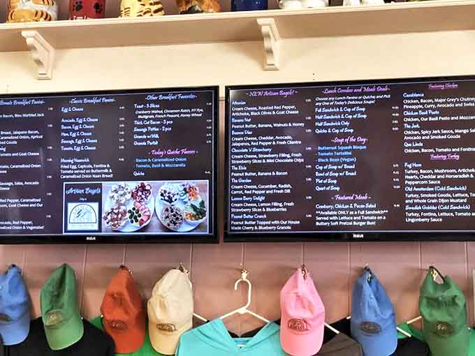 The menu board showcases a mouthwatering array of breakfast paninis and sandwiches that prove Crescent Bakery isn't just about the sweet stuff.