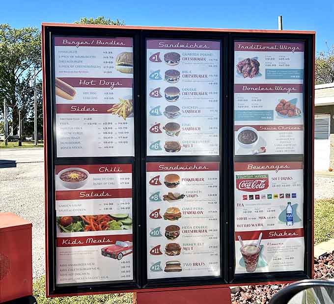 A menu board that reads like a love letter to American classics. Each number represents not just a meal, but a commitment to abundance.