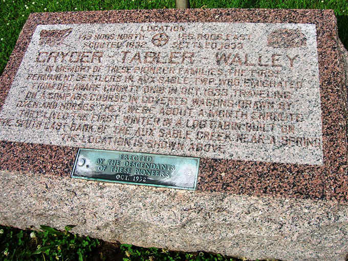 This weathered monument honors the Cryder, Tabler, and Walley families &ndash; brave pioneers who journeyed from West Virginia in 1833.