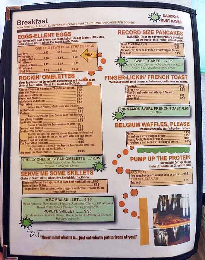 The sacred text of breakfast devotees - warning of "record size pancakes" and promising "finger-lickin' French toast" that lives up to its name.