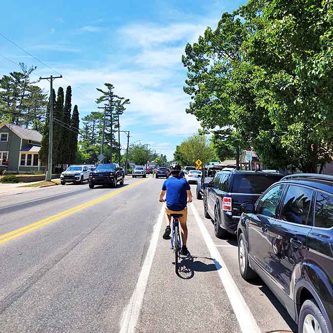 Downtown Glen Arbor offers a cyclist-friendly path to adventure, where pedaling replaces the daily commute's stress.