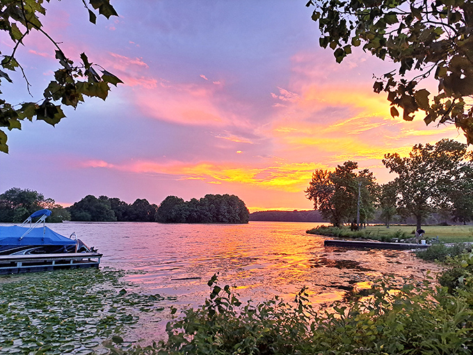 Mother Nature's light show at dusk transforms Rocky Fork Lake into a canvas of pinks and golds.