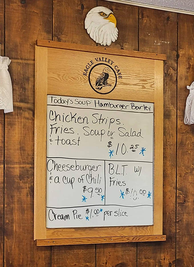 The handwritten menu board showcases today's specials with Hamburger Barley soup taking center stage &ndash; no fancy descriptions needed when the food speaks for itself.