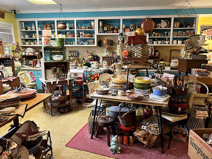 The kitchen section alone could outfit an entire retro diner, with colorful dishware and vintage appliances that remind us when things were built to last forever.