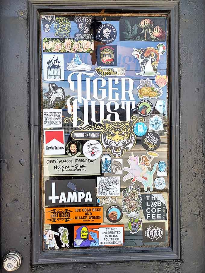 This door has seen more interesting characters than a Tarantino film, each sticker telling its own tiny story of Tampa's creative spirit.