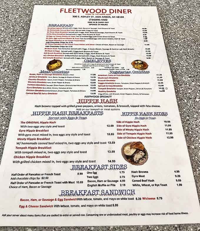 The menu reads like a greatest hits album of diner classics, with the legendary Hippie Hash taking center stage among breakfast favorites.