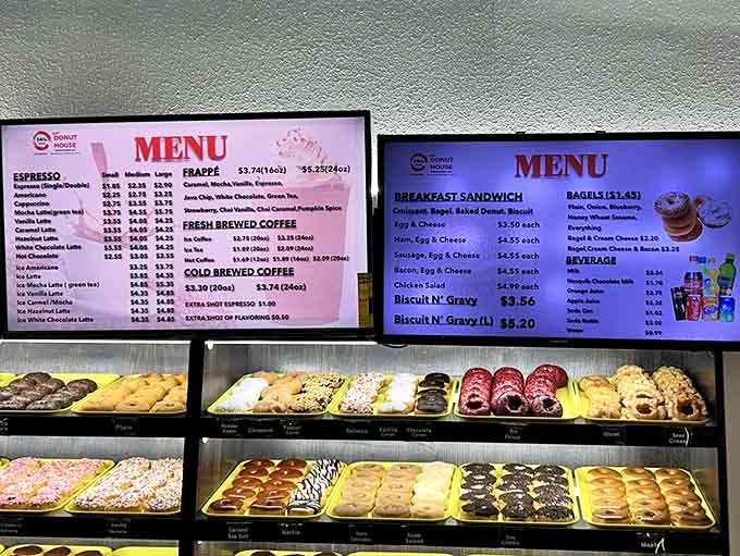 The menu board showcases an impressive array of breakfast options, from classic egg sandwiches to specialty coffee drinks that rival dedicated cafes.